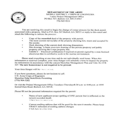 Change Of Owner Process For Dock Permits On Lake Lanier | PDF