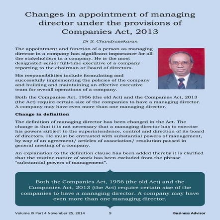 Changes in appointment of managing director under the provisions of ...