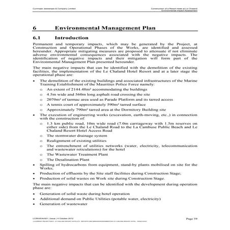 Chapter 6 Environmental Management Plan EIA Report - La Cambuse Hotel | PDF