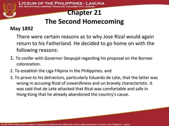 Rizal chapter 21- THE SECOND HOMECOMING AND LA LIGA FILIPINA | PPTX