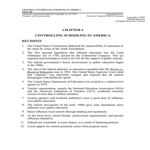 Ch. 4 Controlling Schooling in America - Dr. William Allan Kritsonis | PDF