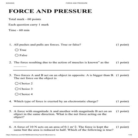 Chapter 11 force & pressure (QUIZ) | PDF