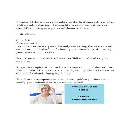 Chapter 11 describes personality as the first major driver of an.docx