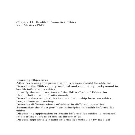 Chapter 11 Health Informatics EthicsKen Masters PhD.docx