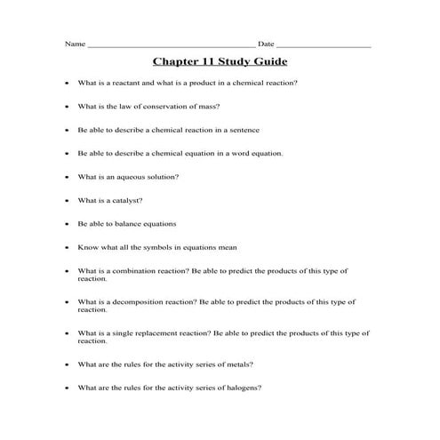 Chemistry - Chp 11 - Chemical Reactions - Study Guide | DOC
