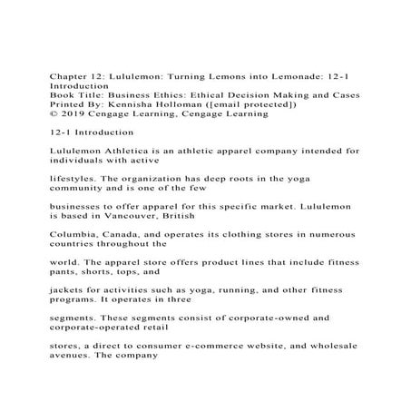 Chapter 12 Lululemon Turning Lemons into Lemonade 12-1 Intr.docx ...