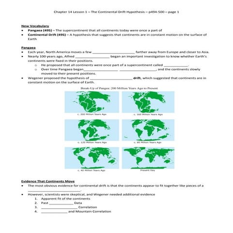 Outline: Chapter 14.1: The Continental Drift Hypothesis | PDF