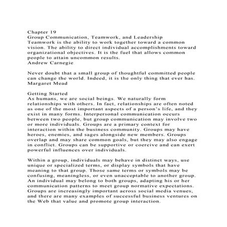 Chapter 19Group Communication, Teamwork, and LeadershipTeamwor.docx