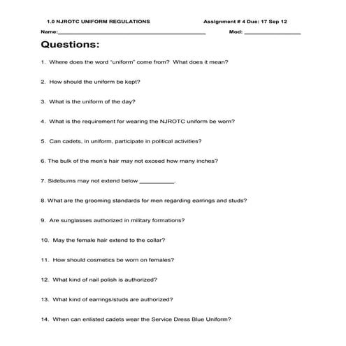 NS1 Assignment # 4 Uniform Regulations Questions | PDF