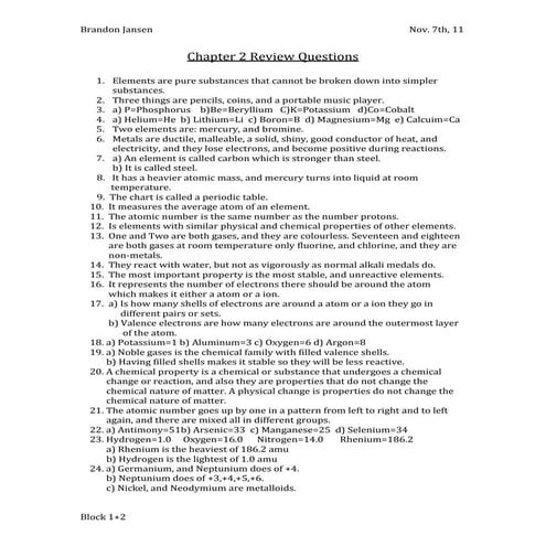 Chapter 2 review questions | DOCX | Chemistry | Science
