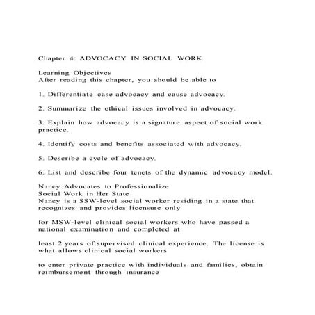 Chapter 4 ADVOCACY IN SOCIAL WORK Learning Objectives A Chapter 4 ADVOCACY IN SOCIAL WORK Learning Objectives A