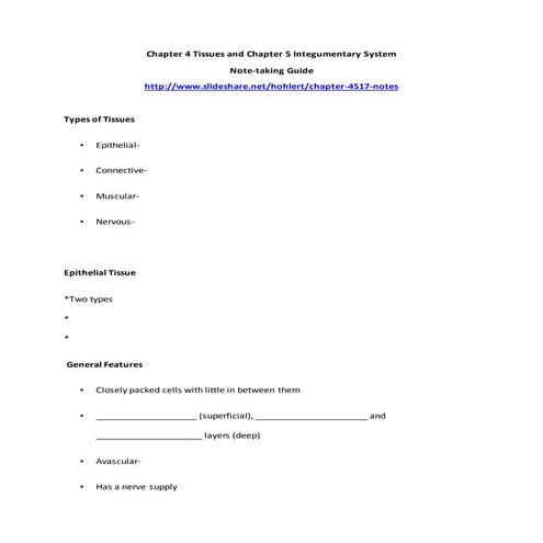 Chapter 4 tissues and chapter 5 integumentary system note guide | DOCX