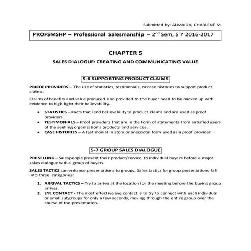 SALES DIALOGUE: CREATING AND COMMUNICATING VALUE | DOCX