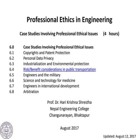 Professional Ethics in Engineering Chapter 6 Case studies involving ...