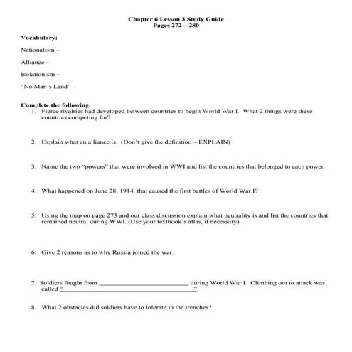 World War One Chapter test review for 5th graders | DOC