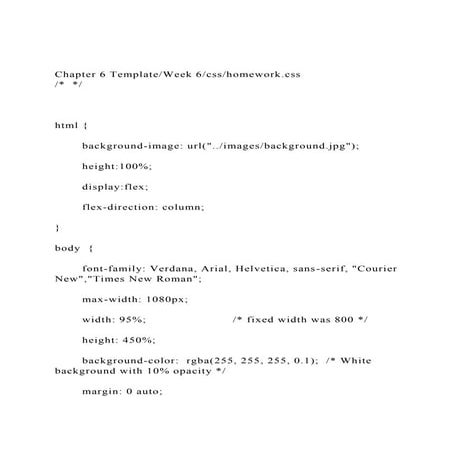 Chapter 6 TemplateWeek 6csshomework.css html {.docx | Web Design and HTML | Internet