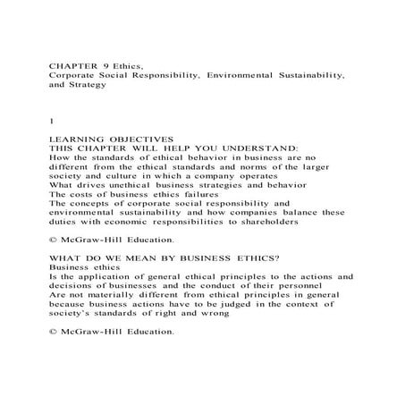 CHAPTER 9 Ethics, Corporate Social Responsibility, Environment | DOCX