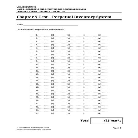 Chapter 9 Perpetual Inventory System – Test | PDF