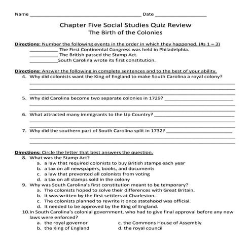 Chapter Four Social Studies Quiz Review | DOCX
