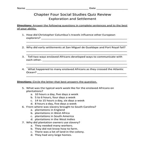Chapter Four Social Studies Quiz Review | PDF