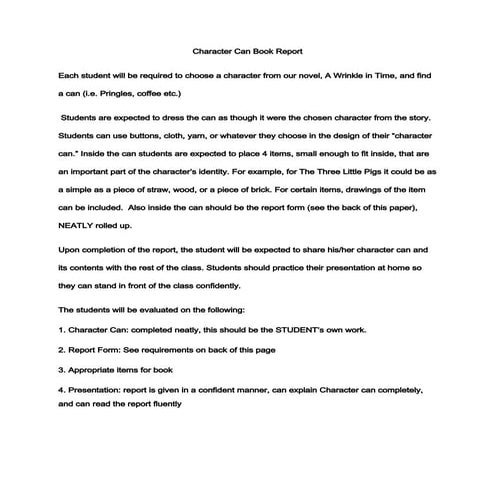 Character can book report wrinkle in time | DOCX