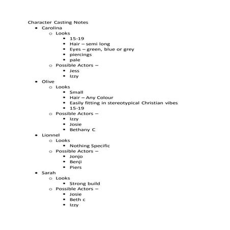 Character casting notes | PDF