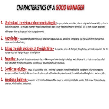 CHARACTERISTICS/QUALITY OF A GOOD MANAGER. | PPTX