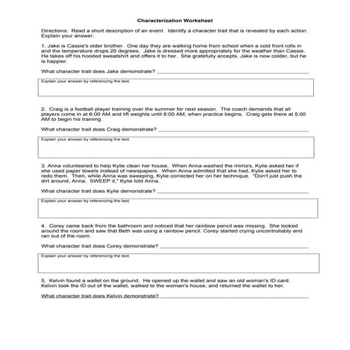 Characterization Worksheet - identify a character trait - English ...