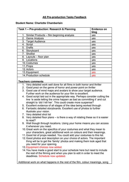 Pre-Production tasks feedback sheet | DOCX