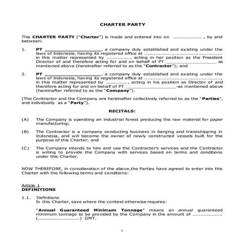 Charter Contractor Service Agreement (Purchase this doc, Text ...