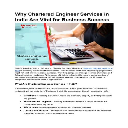 chartered engineer services in India - Sapient Services | PDF