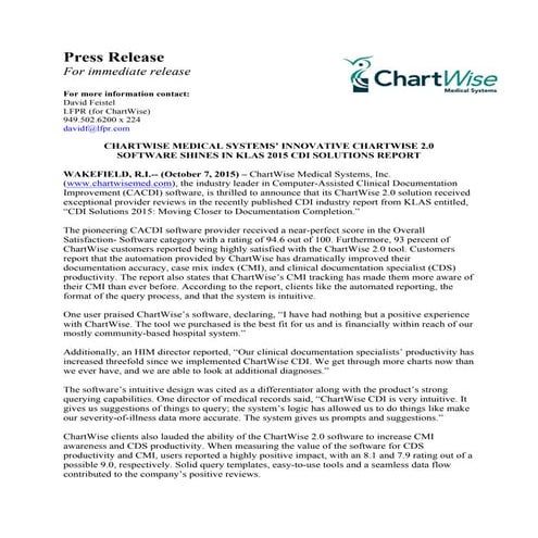 CHARTWISE MEDICAL SYSTEMS’ INNOVATIVE CHARTWISE 2.0 SOFTWARE SHINES IN KLAS 2015 CDI SOLUTIONS ...