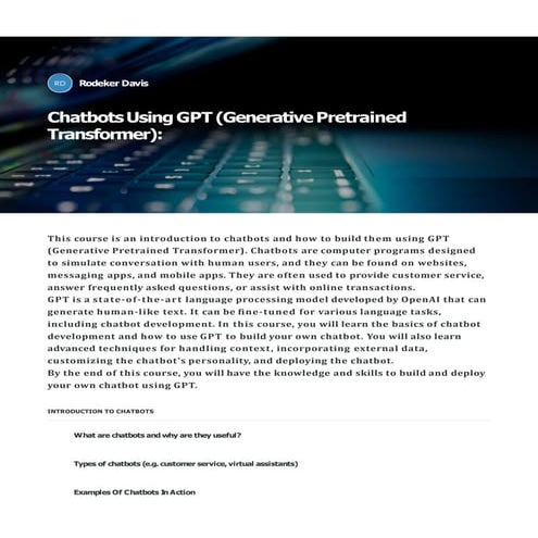 Chatbots Using GPT (Generative Pretrained Transformer) | PPTX
