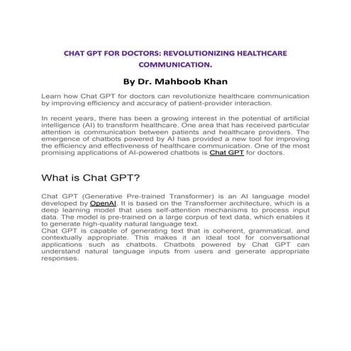 Chat Gpt For Doctors Revolutionizing Healthcare Communication By Dr Mahboob Pdf