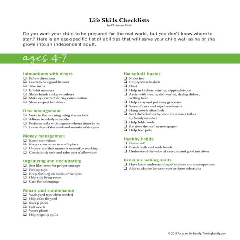 Life Skills Checklists by Christine Field | PDF