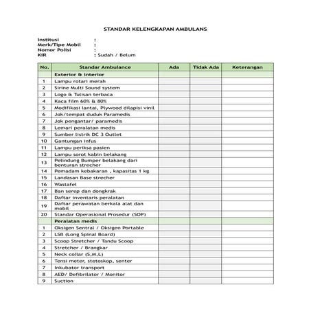 Checklist Standar Kelengkapanj Ambulans Gawat Darurat | PDF