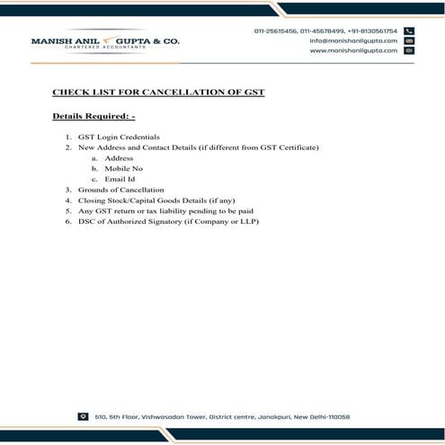Check List for Cancellation of GST - MAG | PDF