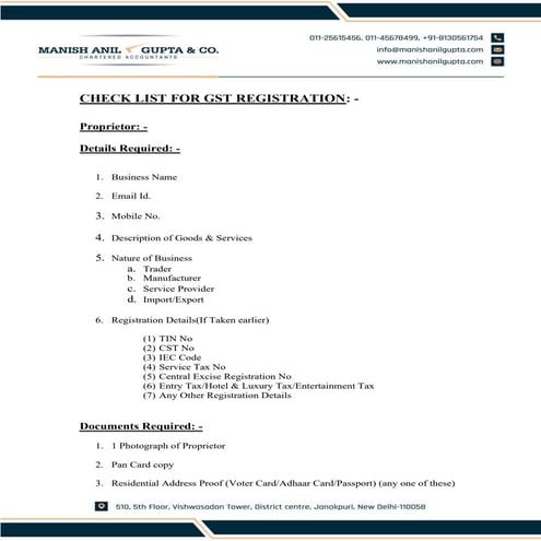 Read Check List for GST Registration in India | PDF
