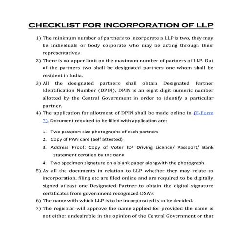 CHECKLIST FOR INCORPORATION OF LLP | PDF