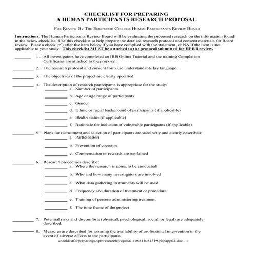 Checklist for preparing a hprb research proposal | DOC