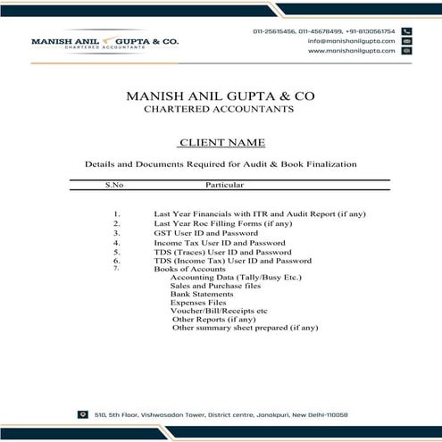 Checklist for Required Documents for Audit Books Finalisation | PDF