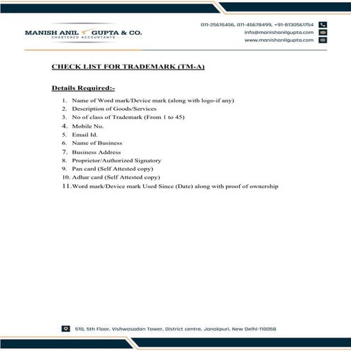 Check List for Trademark (TM-A) - Manish Anil Gupta | PDF