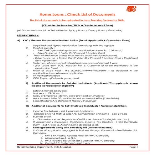 Check list of documents home loan | DOC
