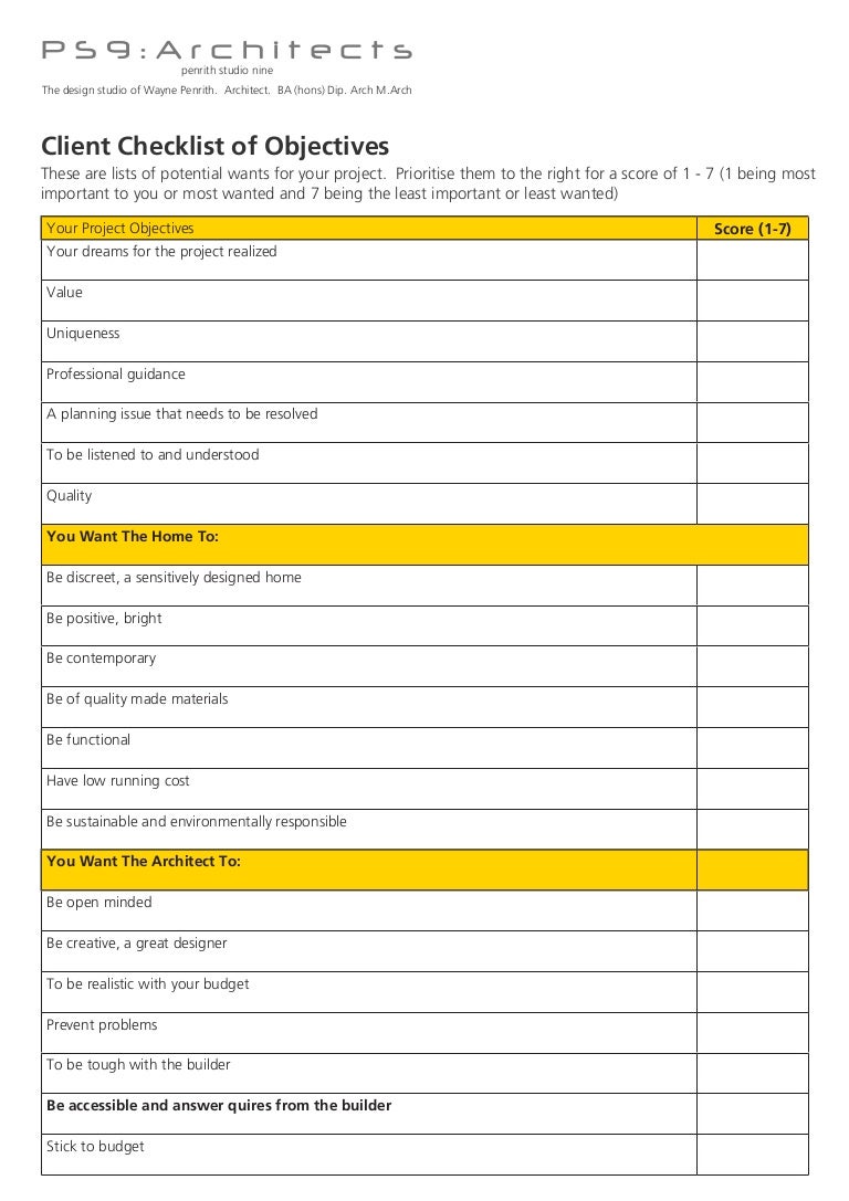 A Project Checklist Of Objectives From A Modern Architecture Firm Of A Project Checklist Of Objectives From A Modern Architecture Firm Of