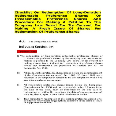 CHECKLIST ON REDEMPTION OF LONG DURATION REDEEMABLE PREFERENCE SHARES ...