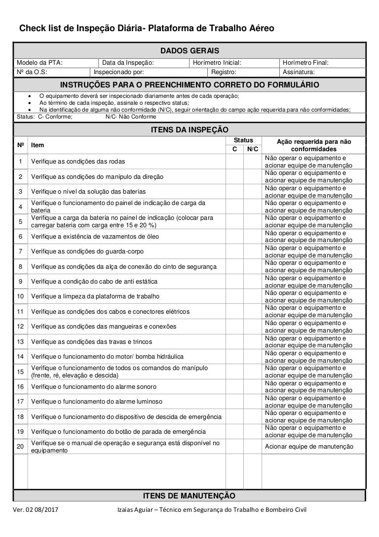 Check List para plataforma Elevatória - NR 18