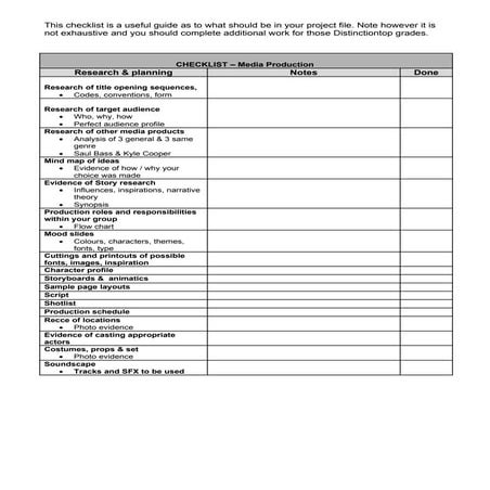 Checklist table for coursework | DOC