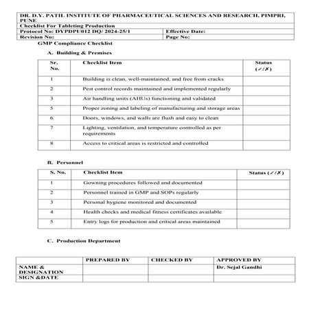 Checklist Tableting Production ( checklist ) | DOCX