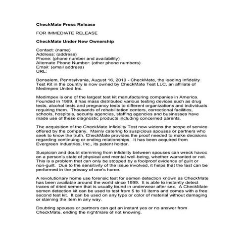 Check mate infidelity test press release | DOC