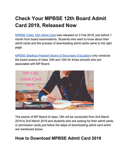 Check Your Mpbse 12th Board Admit Card 2019 Released Now Pdf